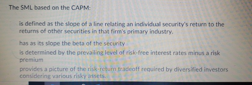 Solved The SML based on the CAPM: is defined as the slope of | Chegg.com