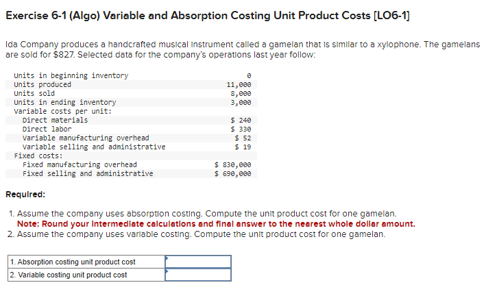 Solved Exercise 6-1 (Algo) Variable and Absorption Costing | Chegg.com