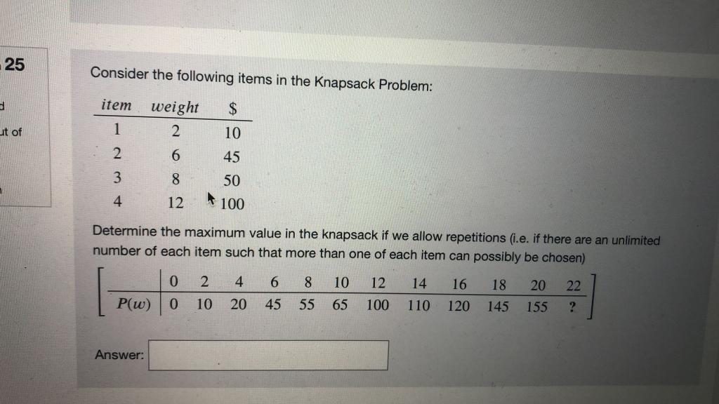 Solved 25 Consider the following items in the knapsack | Chegg.com