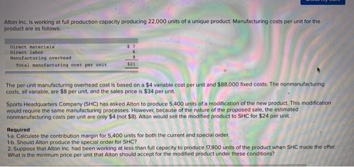 Solved Alton Inc. is working at full production capacity | Chegg.com