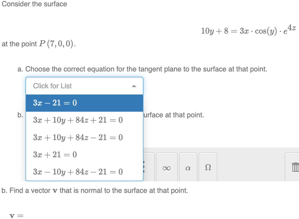 Solved Consider the surface 10y+8=3x⋅cos(y)⋅e4z at the point | Chegg.com
