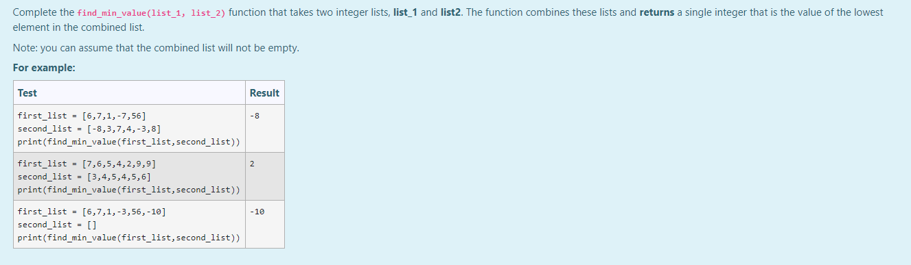 Solved Complete the find_min_value(list_1, list_2) function | Chegg.com