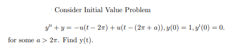 Solved Consider Initial Value Problem y"+y=-uſt – 27) +uſt - | Chegg.com