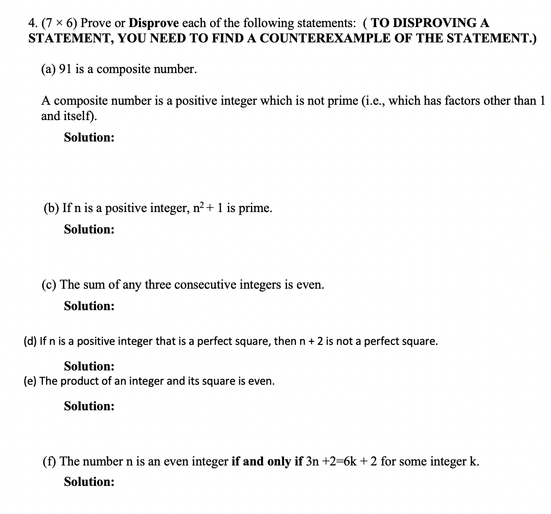 Solved 4. (7 x 6) Prove or Disprove each of the following | Chegg.com