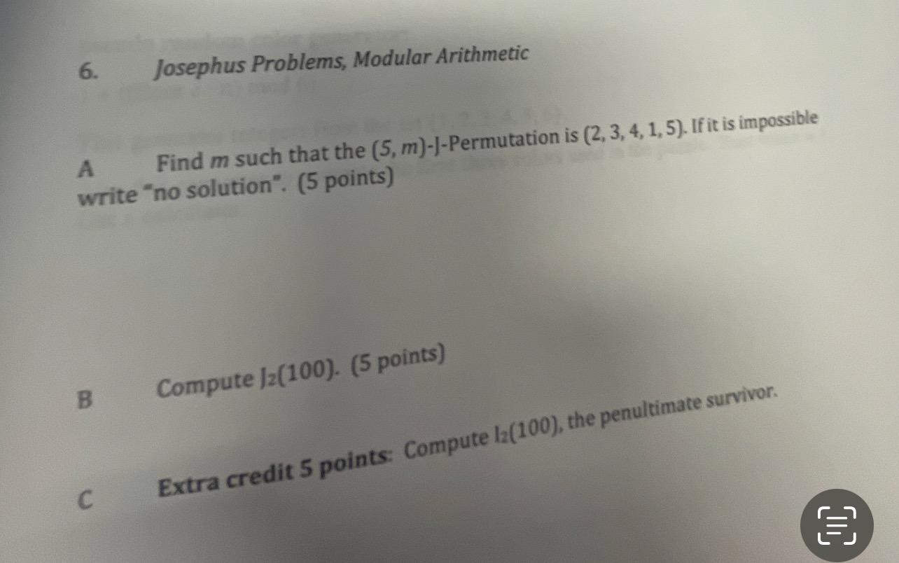 6. Josephus Problems, Modular Arithmetic A Find m | Chegg.com