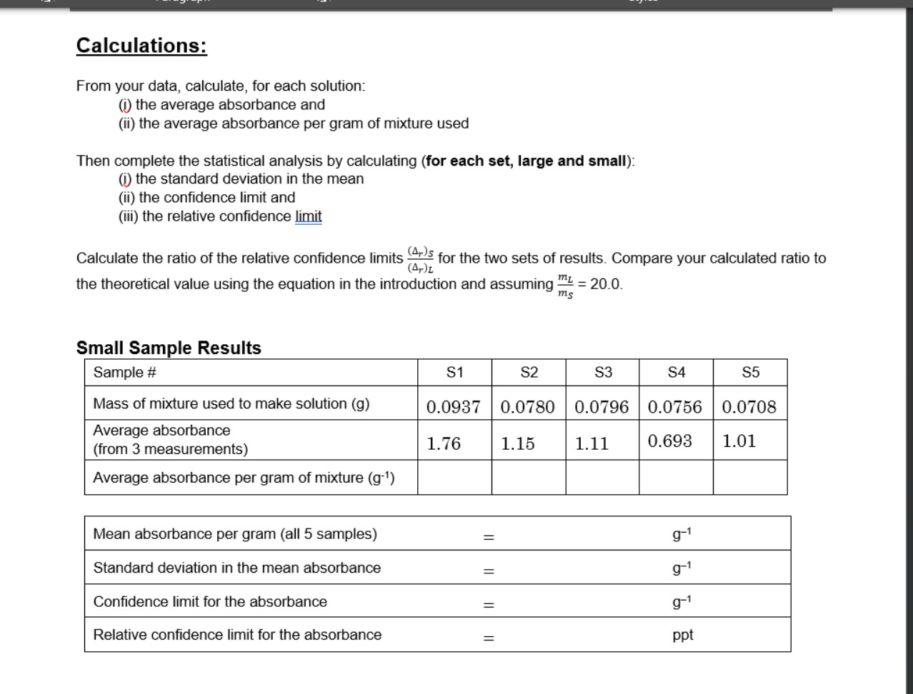 Solved Calculations:From your data, calculate, for each | Chegg.com