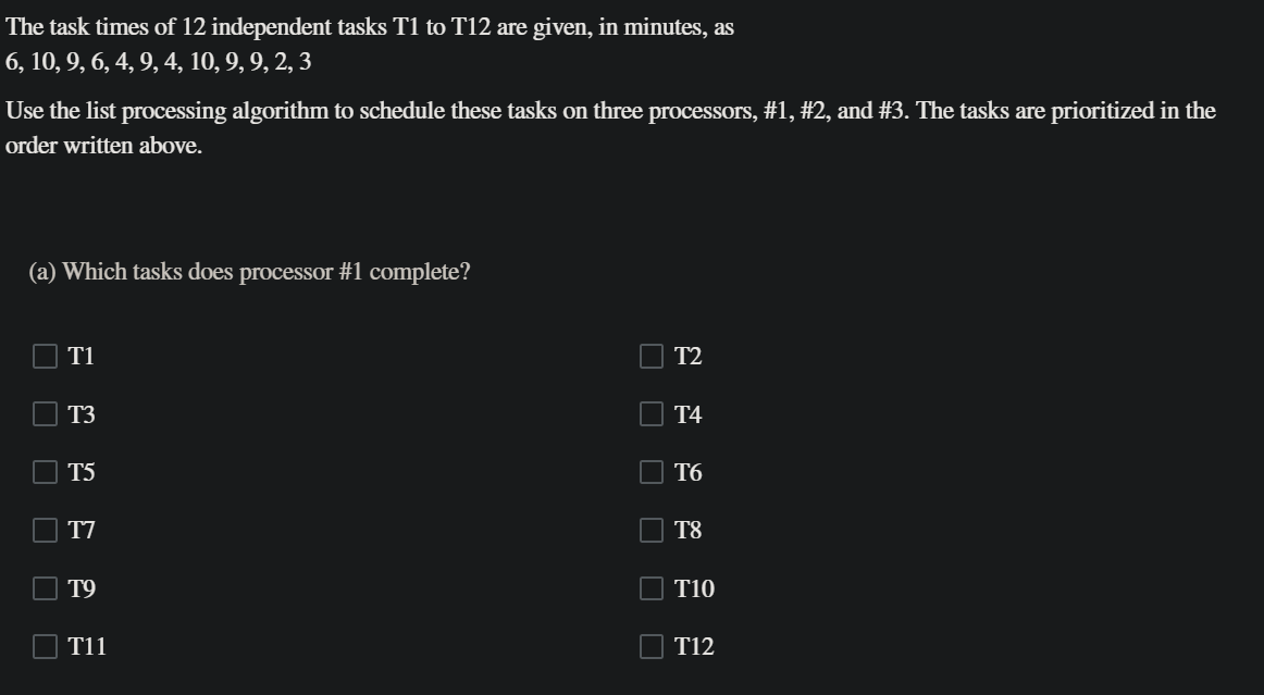 Solved The task times of 12 independent tasks T1 to T12 are | Chegg.com
