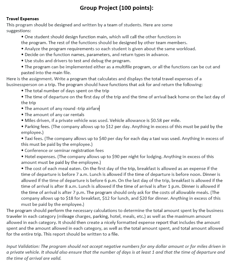 Group Project (100 points): Travel Expenses This | Chegg.com