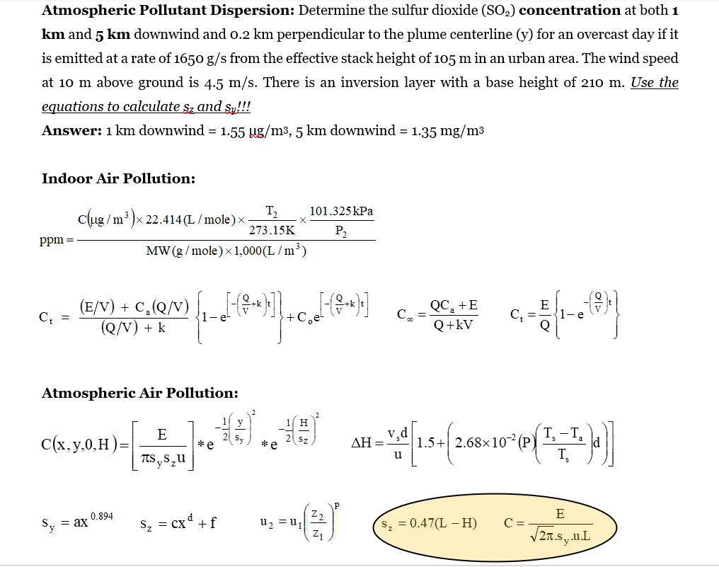 Solved Atmospheric Pollutant Dispersion: Determine the | Chegg.com