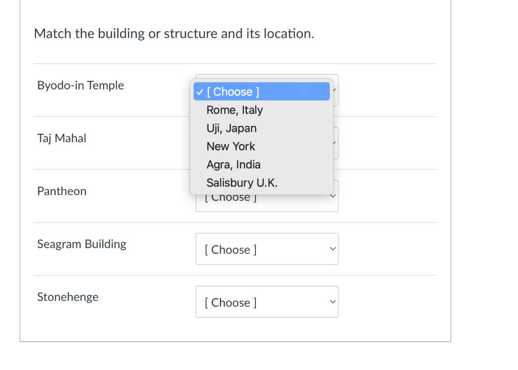 Solved Match the building or structure and its location. | Chegg.com