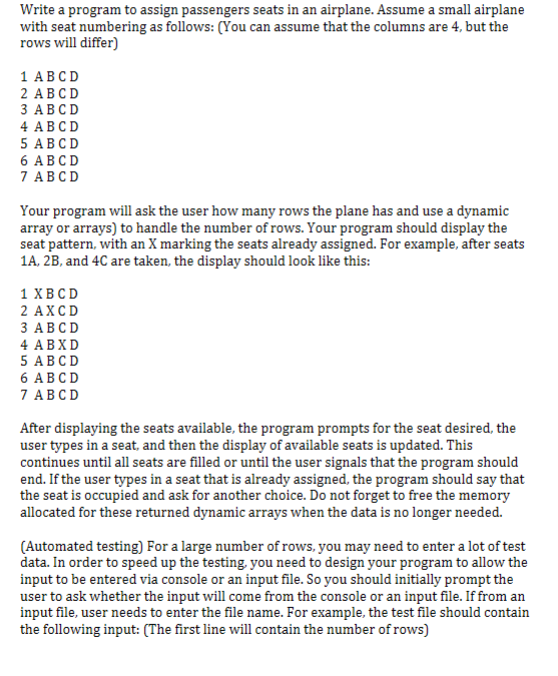 Solved Write a program to assign passengers seats in an | Chegg.com