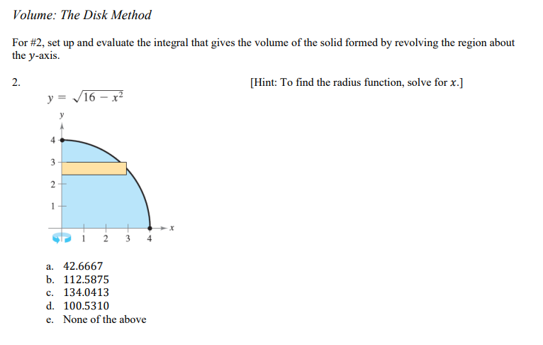 Solved Volume: The Disk Method For #2, set up and evaluate | Chegg.com
