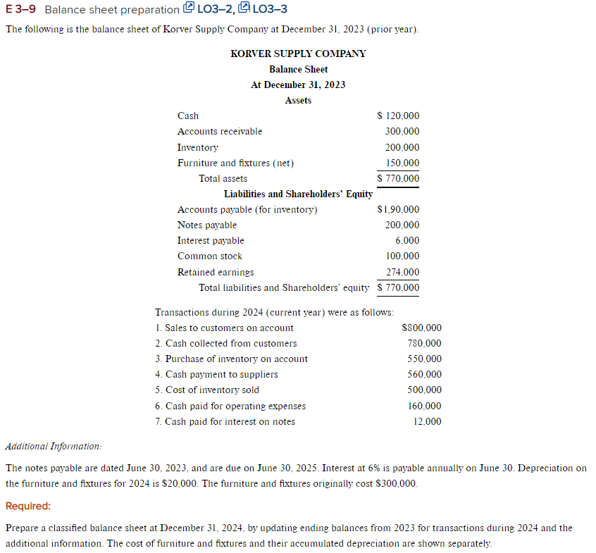 Solved E 3-9 Balance sheet preparation [B LO3-2, 비 LO3-3 The | Chegg.com