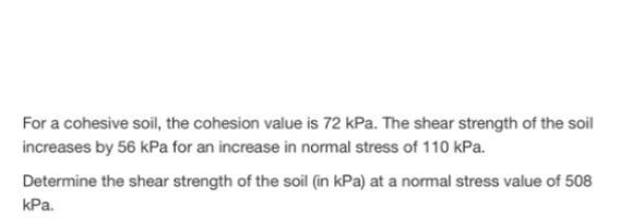 Solved For a cohesive soil, the cohesion value is 72 kPa. | Chegg.com
