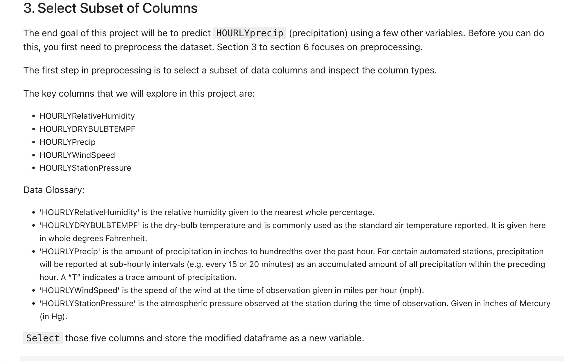 Solved Select Subset of ColumnsThe end goal of this project | Chegg.com