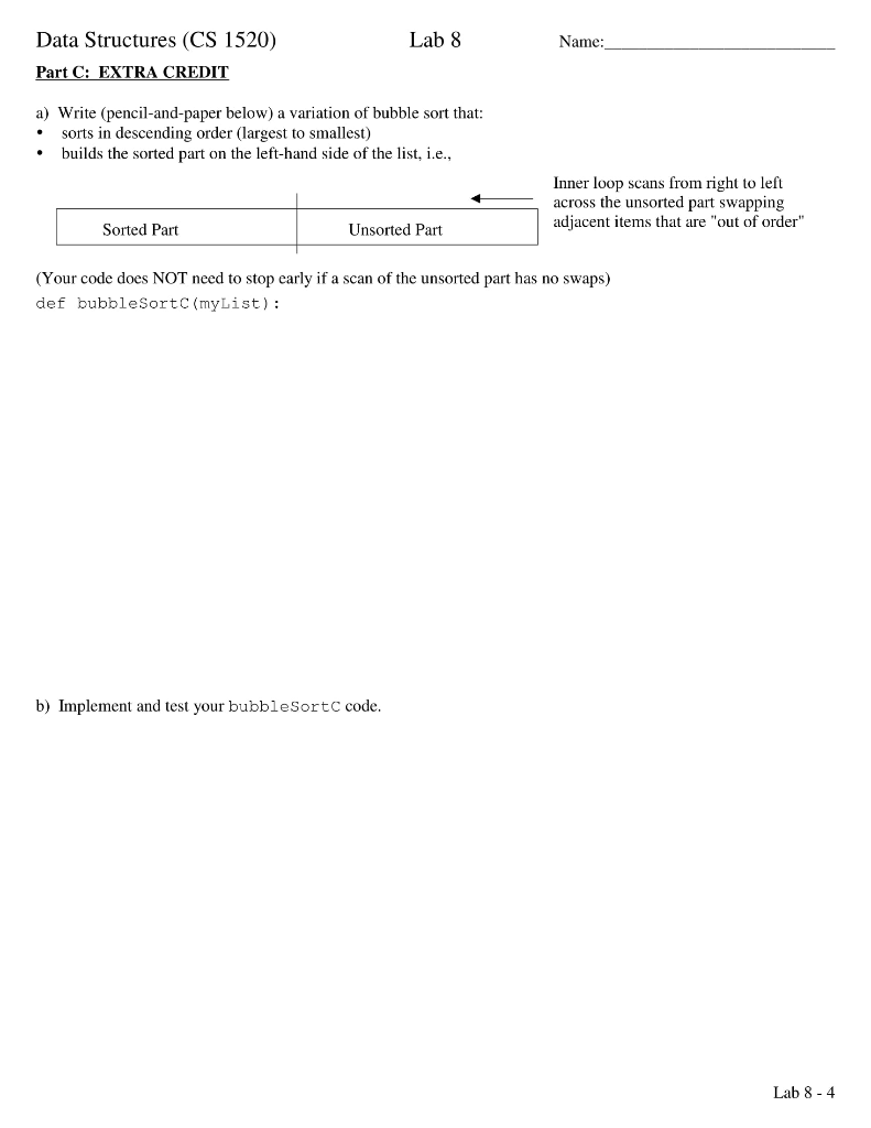 Data Structures (CS 1520) Lab 8 Name: Objectives: You | Chegg.com