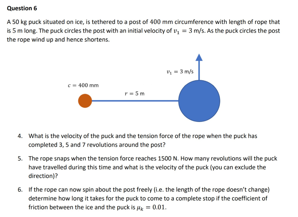 Solved Question 6 A 50 kg puck situated on ice, is tethered | Chegg.com