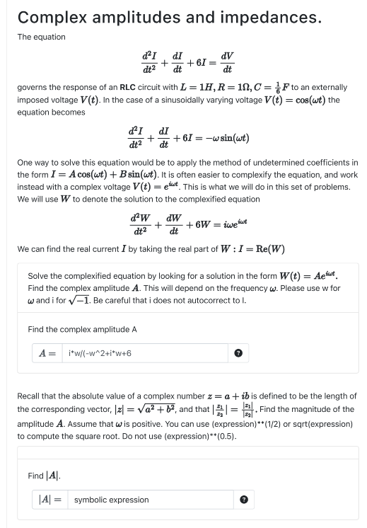 Complex amplitudes and impedances. The equation | Chegg.com