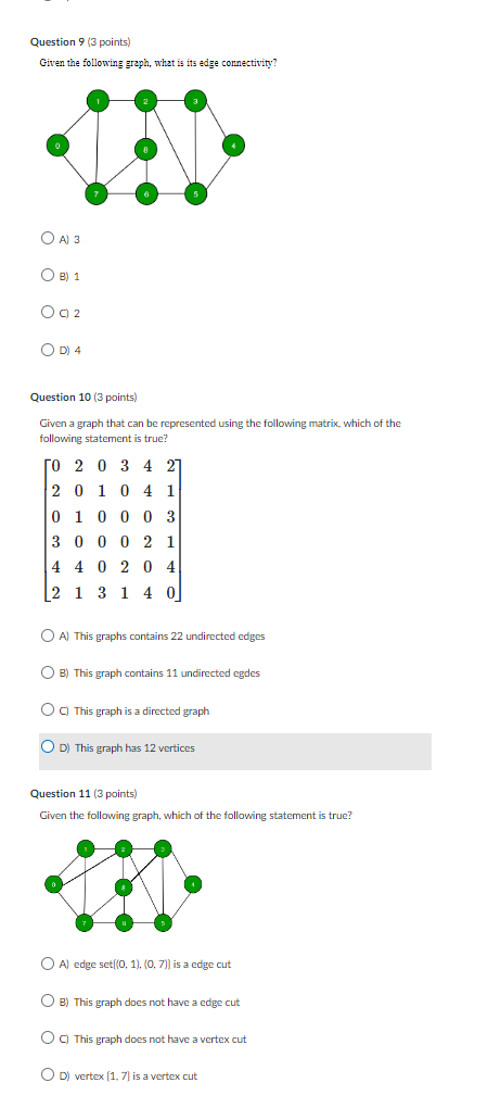 Solved Question 9 3 Points Given The Following Graph What