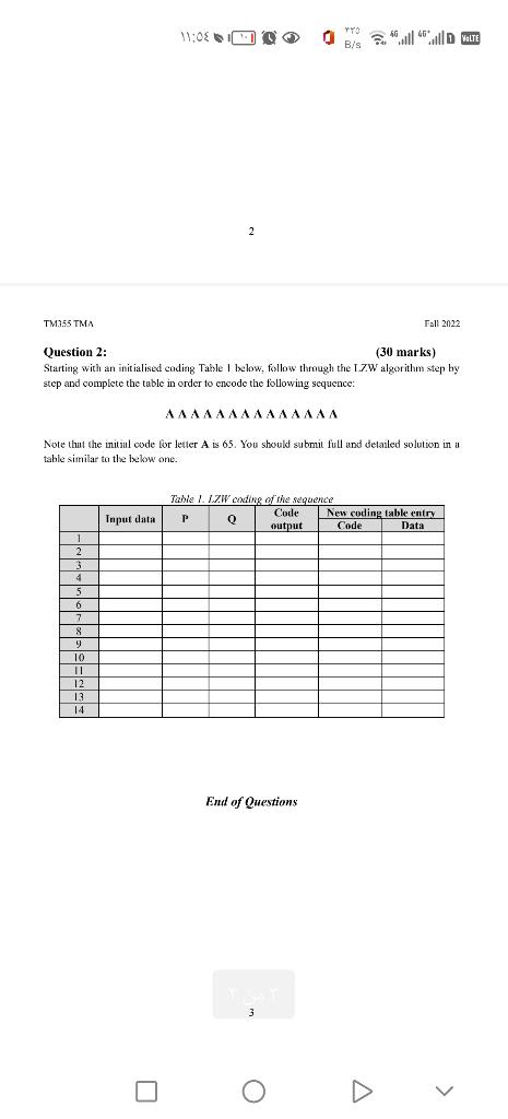 Solved 2 TM.35 TMA Fall 2022 Question 2: (30) marks) | Chegg.com