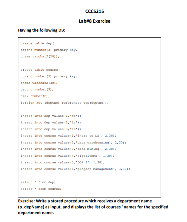 Solved CCCS215 Lab#8 Exercise Having the following DB: | Chegg.com