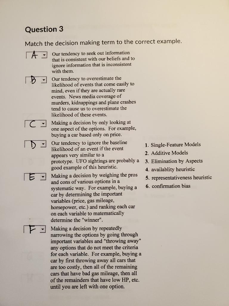 Solved Question 3 Match the decision making term to the | Chegg.com