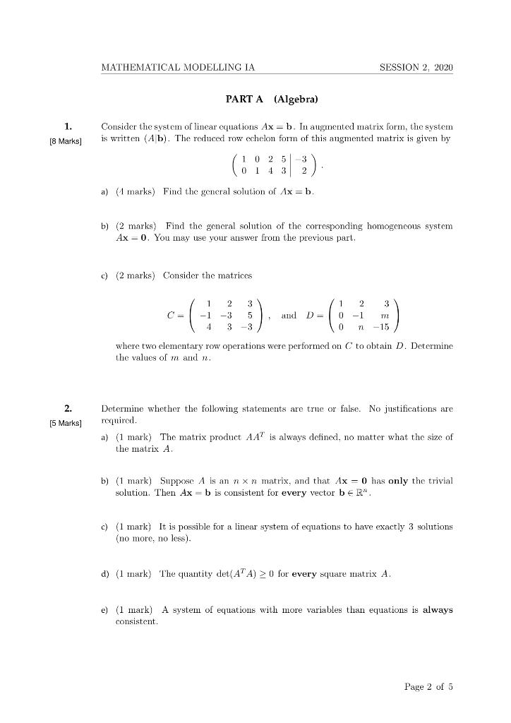 Solved MATHEMATICAL MODELLING IA SESSION 2, 2020 PART A | Chegg.com