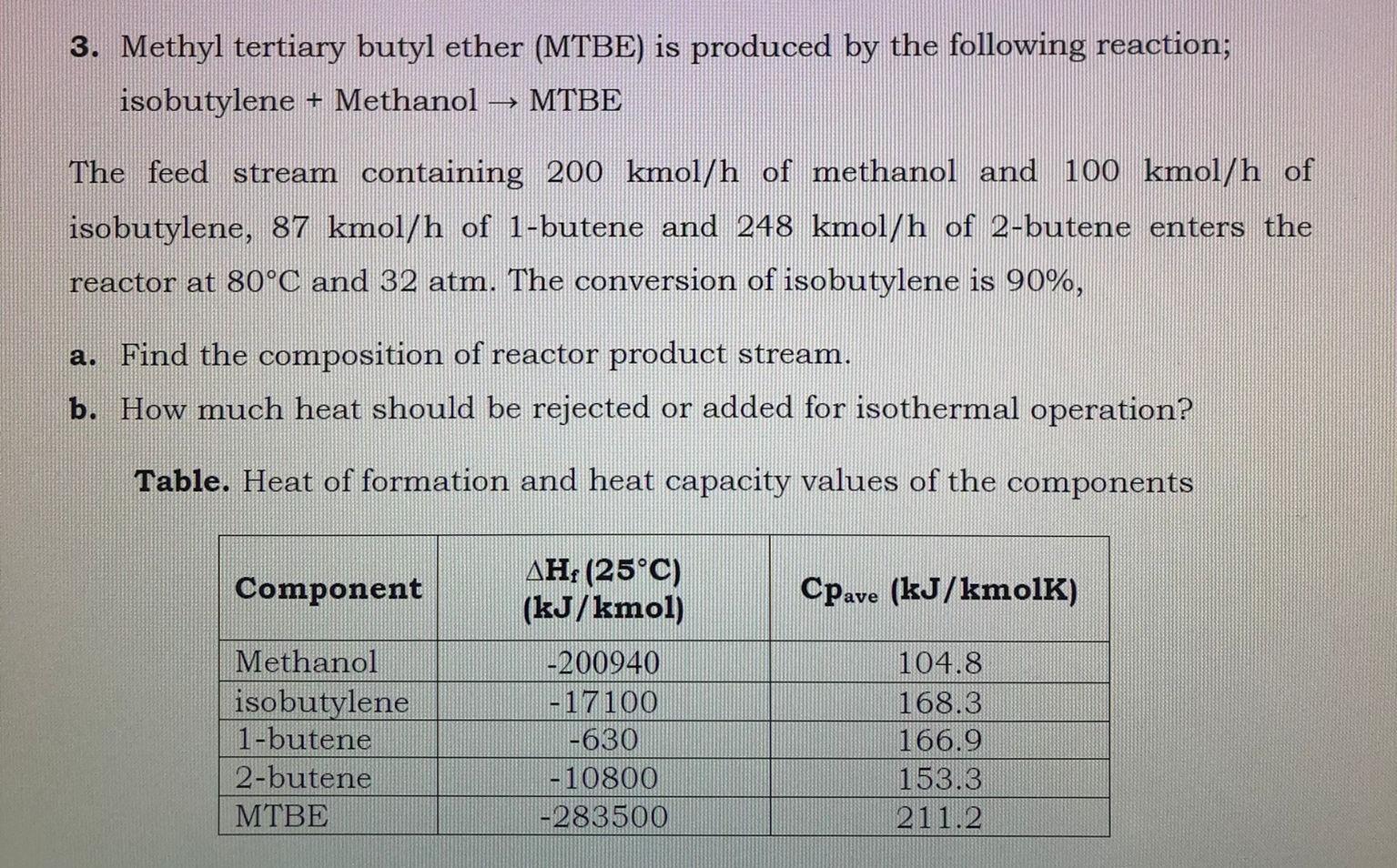 Solved 3. Methyl tertiary butyl ether (MTBE) is produced by | Chegg.com