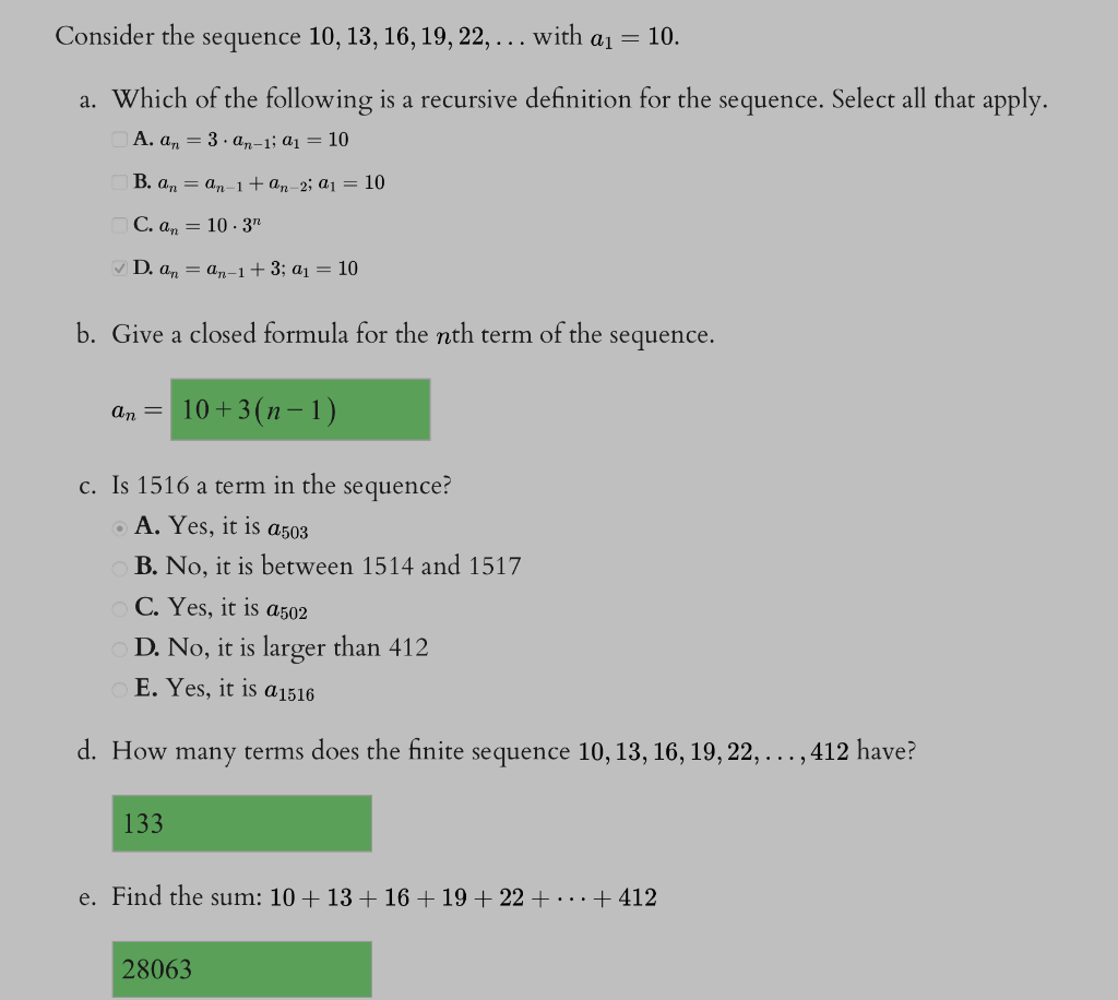 Solved Consider the sequence 10,13,16,19,22,… with a1=10. a. | Chegg.com