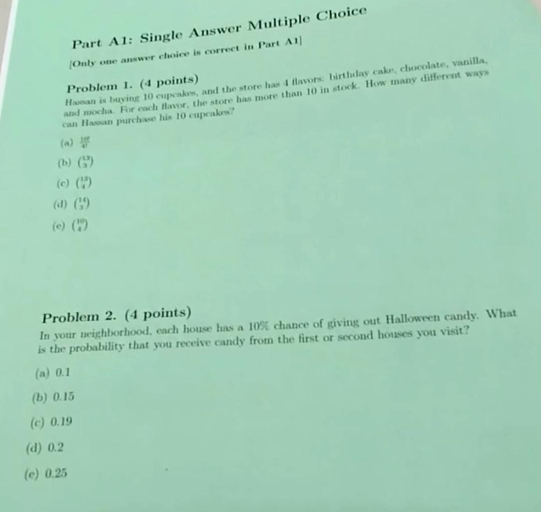 Solved Part Al: Single Answer Multiple Choice (Only one | Chegg.com
