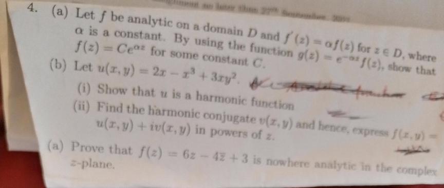 Solved 4. (a) Let f be analytic on a domain D and / (z) = | Chegg.com