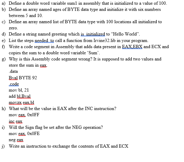 a) Define a double word variable suml in assembly | Chegg.com