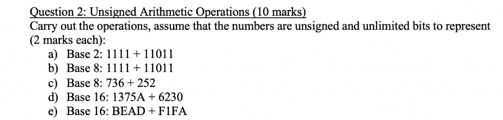 Solved Question 2: Unsigned Arithmetic Operations (10 marks) | Chegg.com