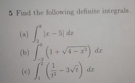 Solved 5 Find the following definite integrals. (a) | Chegg.com