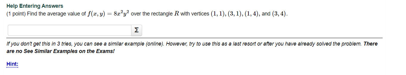 Solved (1 point) Find the average value of f(x,y)=8x2y2 over | Chegg.com