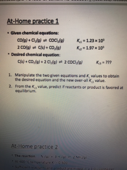Solved Given chemical equations: CO(g) + Cl_2(g) COCl_2(g) | Chegg.com