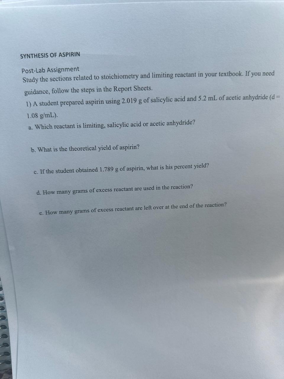 Solved SYNTHESIS OF ASPIRIN Post-Lab Assignment Study the | Chegg.com