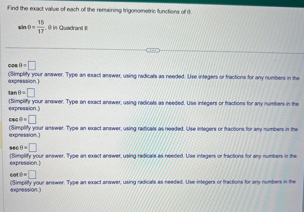 Solved Find the exact value of each of the remaining | Chegg.com