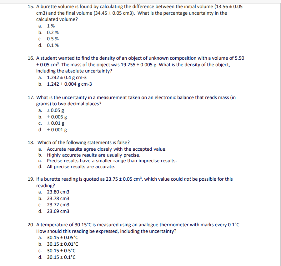Solved 15. A burette volume is found by calculating the | Chegg.com