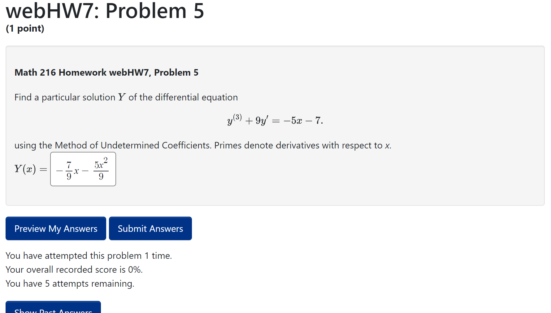 Solved Math 216 Homework webHW7, Problem 5 Find a particular | Chegg.com