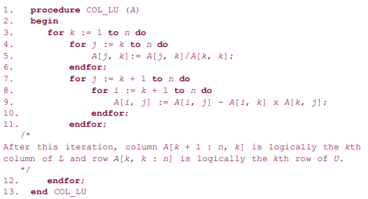 Solved procedure COL LU (A) begin for k:=1 to n do for j:=k | Chegg.com