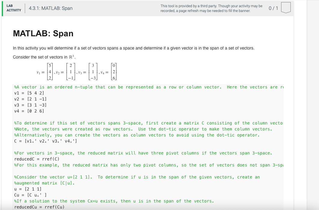Solved 431 Matlab Span This Tool Is Provided By A Third 6704