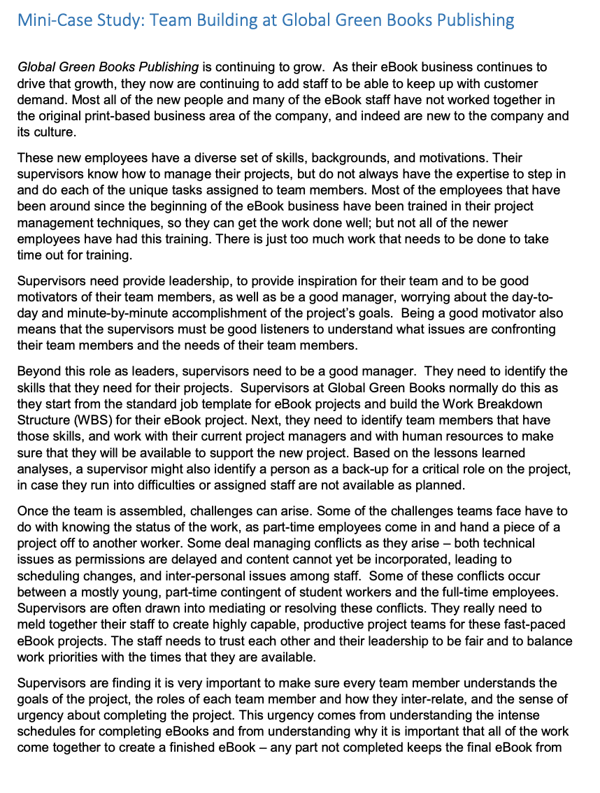 Solved Mini-Case Study: Team Building at Global Green Books | Chegg.com