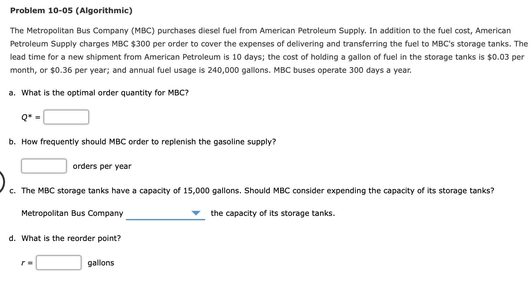 Solved Problem 10-05 (Algorithmic) The Metropolitan Bus | Chegg.com