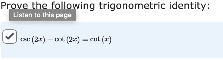 Solved Prove the following trigonometric identity: | Chegg.com