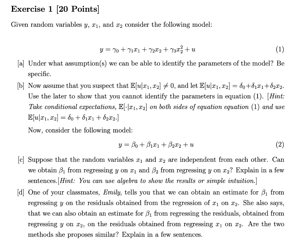 Exercise 1 [20 Points] Given random variables y, X1, | Chegg.com