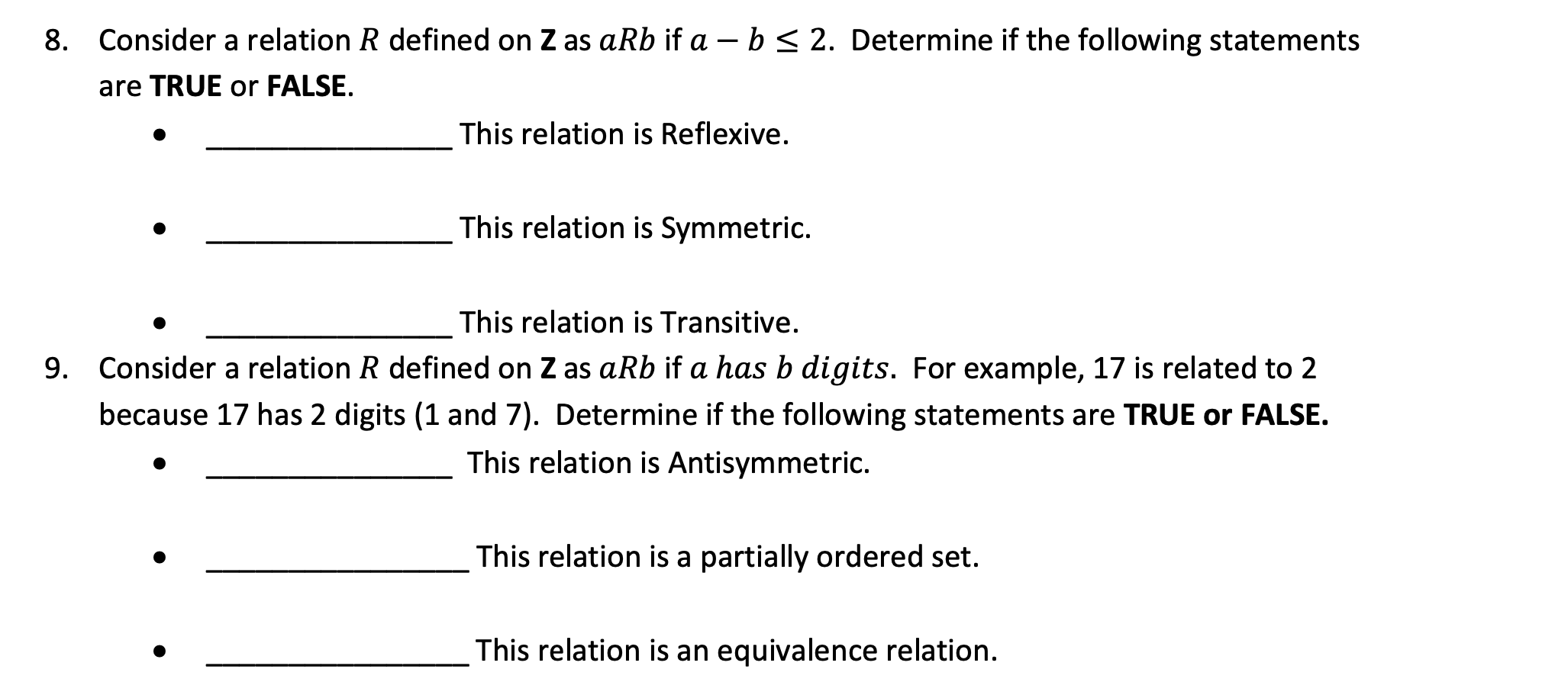 Solved 8. Consider a relation R defined on Z as aRb if a – b | Chegg.com