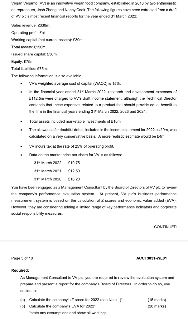 Solved Note 1: In the calculation of VV plc’s Z score, you | Chegg.com