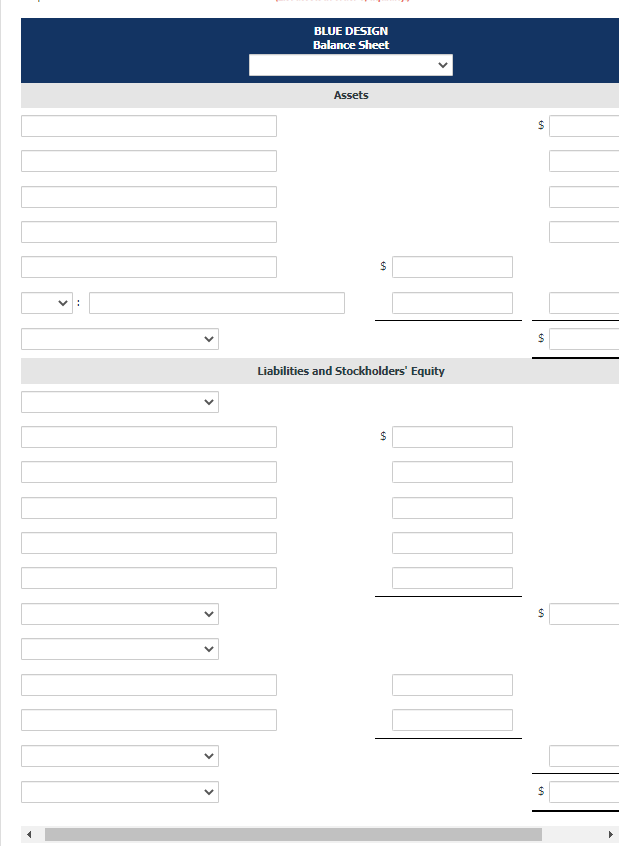 Solved BLUE DESIGN Balance Sheet Assets Liabilities and | Chegg.com