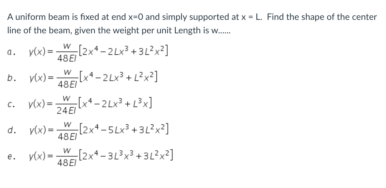 Solved A uniform beam is fixed at end x=0 and simply | Chegg.com